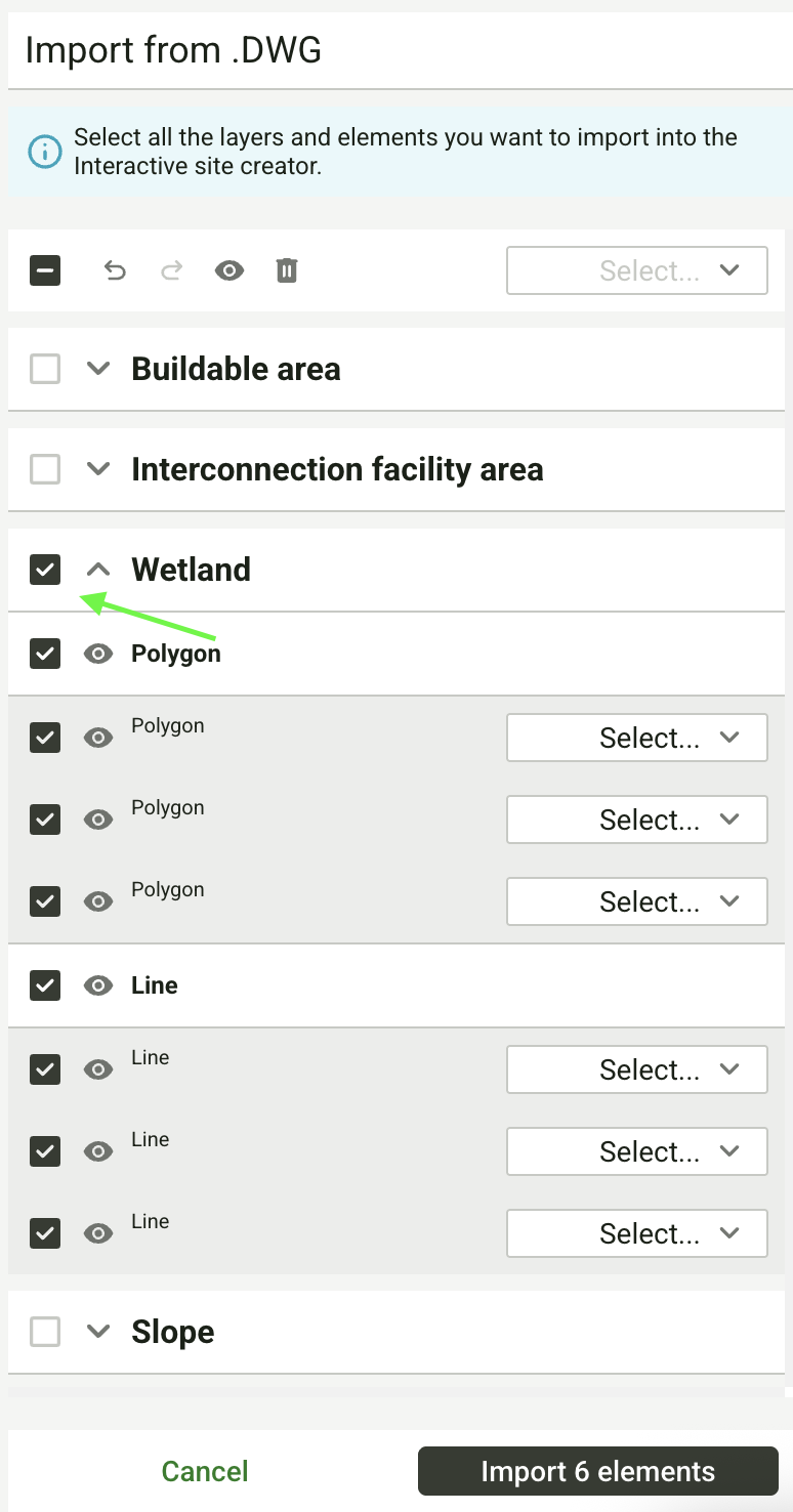 How to import site elements by uploading a CAD file (DWG)